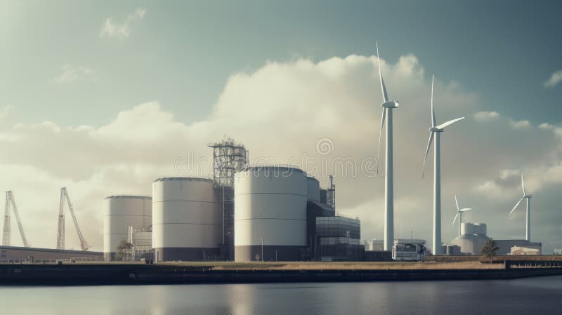 Modern Power Plant with Wind Generators, Large Power Units. Stock ...