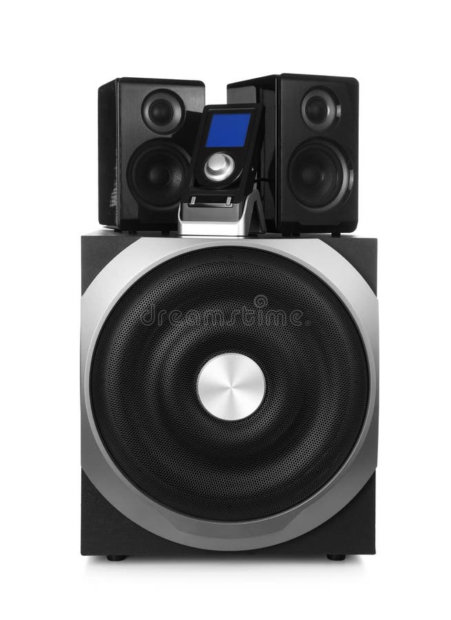 Modern Powerful Audio Speaker System Remote White Background Stock ...