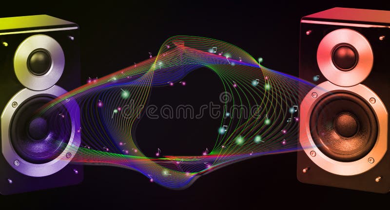 Modern Powerful Audio Speakers and Sound Waves on Dark Background Stock ...