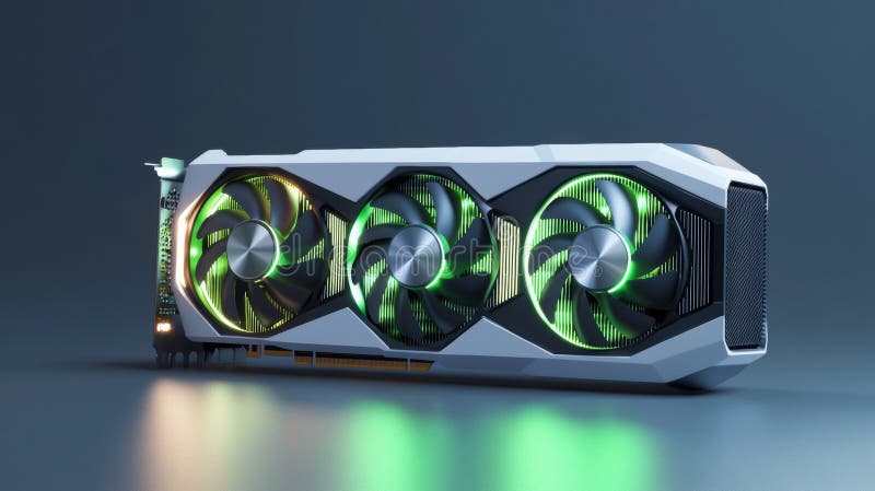 Modern Powerful Graphics Card with Three Fans Lying on Gray Background ...