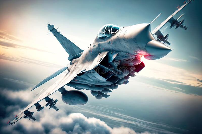 Modern Powerful Jet Military Aircraft Perform Flight at High Altitude ...
