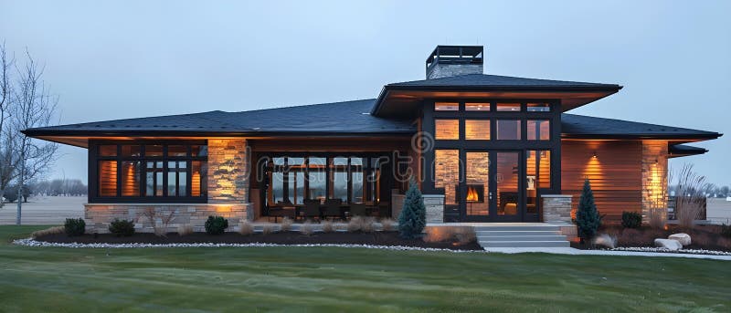 Modern Prairie-Style Home at Dusk with Natural Elements. Concept ...