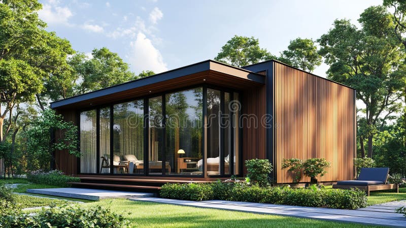 Modern Prefab Home Design, Sustainable Architecture in Nature Stock ...