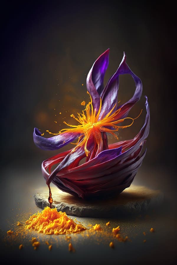 Modern Presentation of Saffron with Its Flower. Dark Background Stock ...