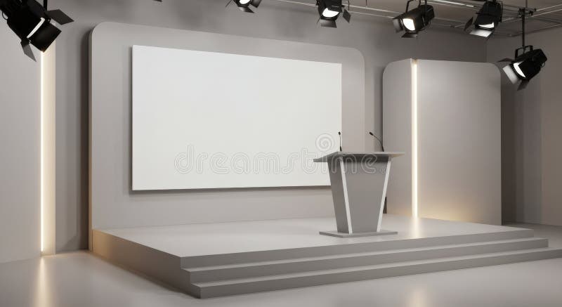 Modern Presentation Stage with Podium Microphone and Screen Spotlight ...