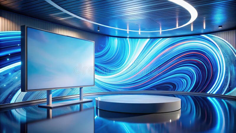 Modern Presentation Studio with Blank Display and Abstract Swirling ...
