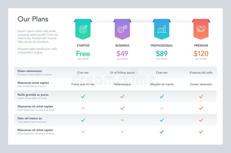 Modern Pricing Comparison Table with Four Subscription Plans and Place ...