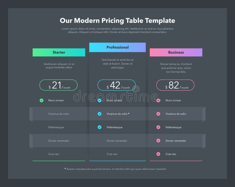 Modern Pricing Comparison Table with Four Subscription Plans Stock ...