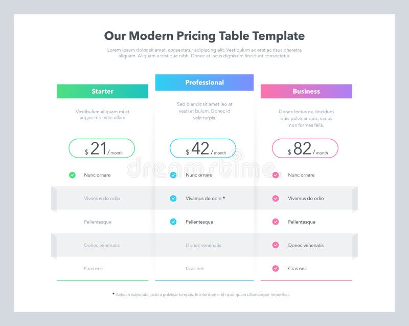 Modern Pricing Comparison Table with Three Subscription Plans and Place ...