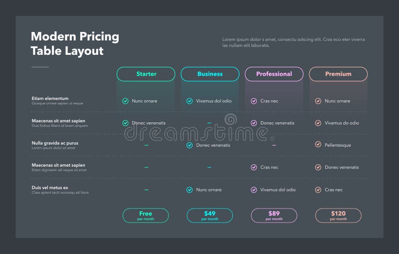 Modern Pricing Table Layout with Four Subscription Plans - Dark Version ...