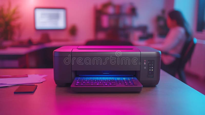 Modern Printer on a Desk with Colorful Ambient Lighting in a Home ...