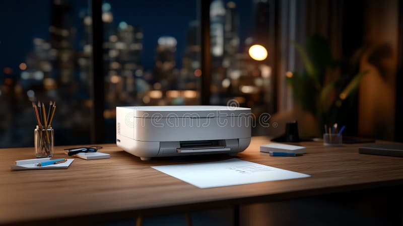 Modern Printer on Desk at Night with City View in Background Stock ...