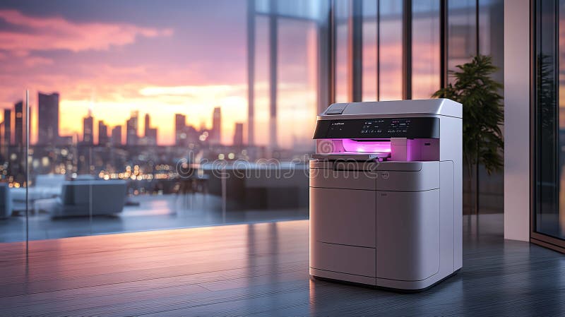 Modern Printer in an Office Setting with a Stunning Sunset View Outside ...
