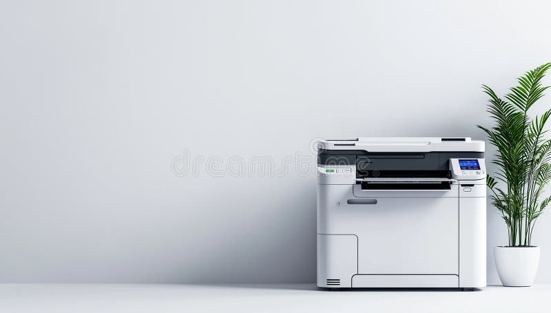 Modern Printer with Open Paper Tray beside Potted Plant in Minimalist ...