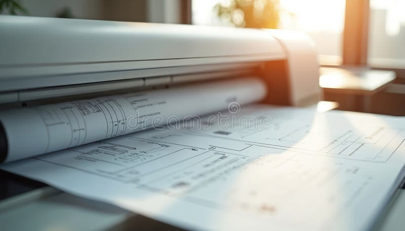 Modern Printer in Operation Prints Technical Blueprint Sheet. Office ...