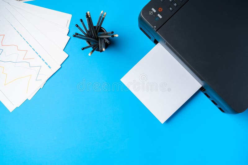Modern Printer with Paper on Blue Background Stock Photo - Image of ...