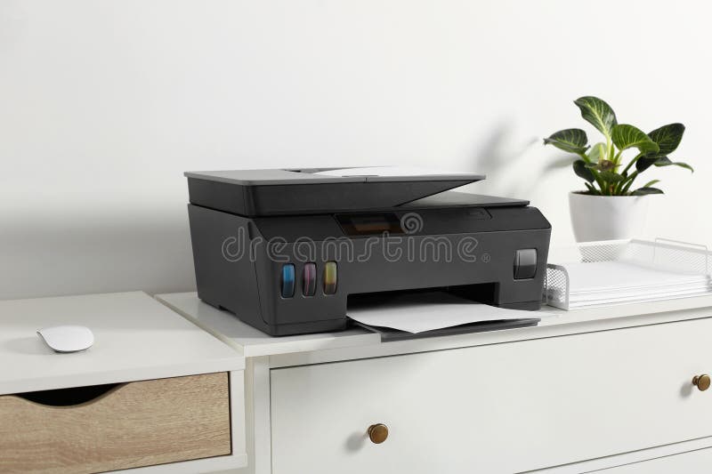 Modern Printer with Paper on Chest of Drawers Indoors Stock Image ...