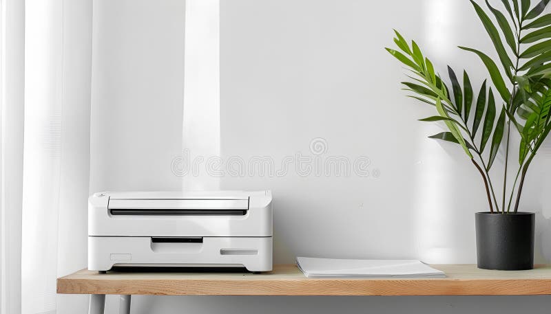 Modern Printer with Paper on Table Near White Wall, Space for Text ...