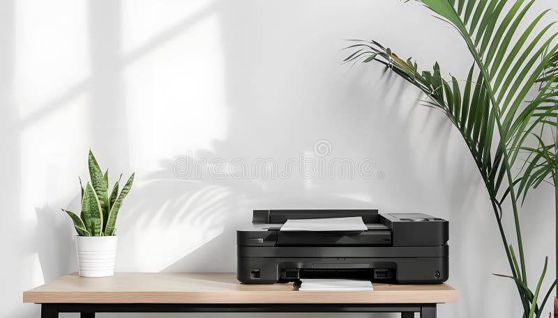 Modern Printer with Paper on Table Near White Wall, Space for Text ...