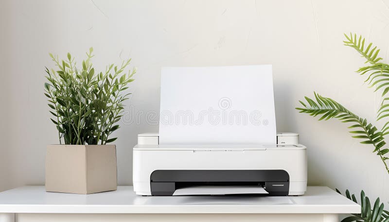 Modern Printer with Paper on Table Near White Wall, Space for Text ...