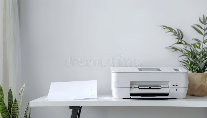 Modern Printer with Paper on Table Near White Wall, Space for Text ...
