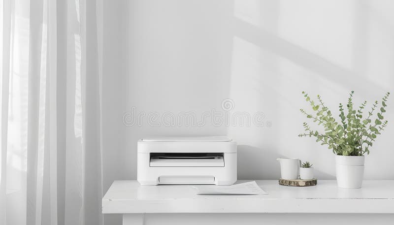 Modern Printer with Paper on Table Near White Wall, Space for Text ...