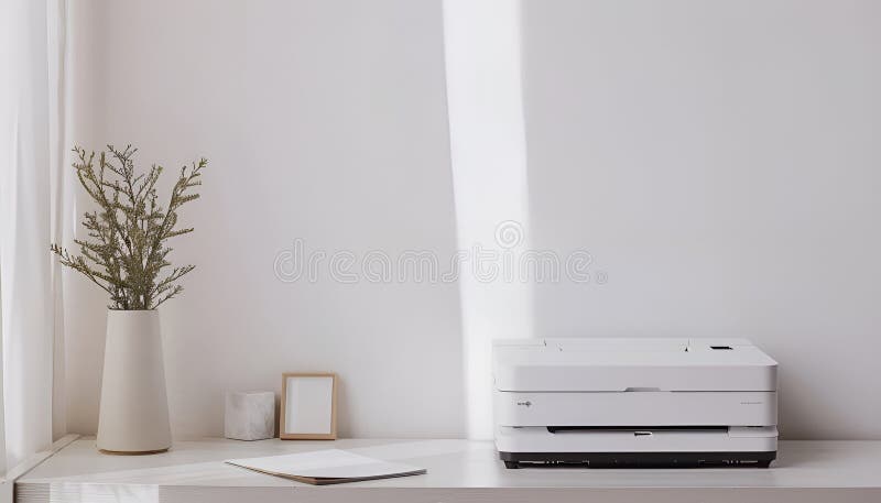Modern Printer with Paper on Table Near White Wall, Space for Text ...