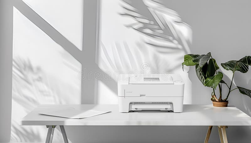 Modern Printer with Paper on Table Near White Wall, Space for Text ...