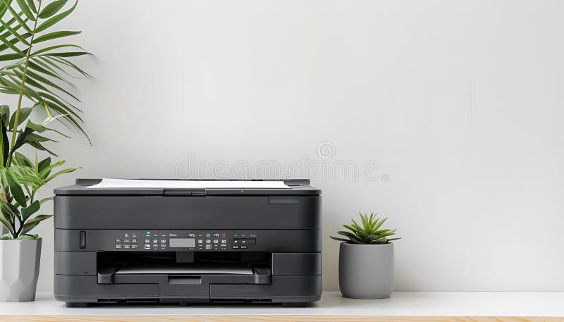 Modern Printer with Paper on Table Near White Wall, Space for Text ...