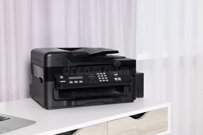 Modern Printer with Paper on White Desk at Home Stock Image - Image of ...