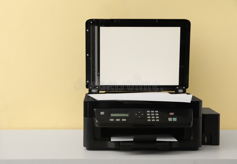 Modern Printer with Paper on White Table Stock Image - Image of ...