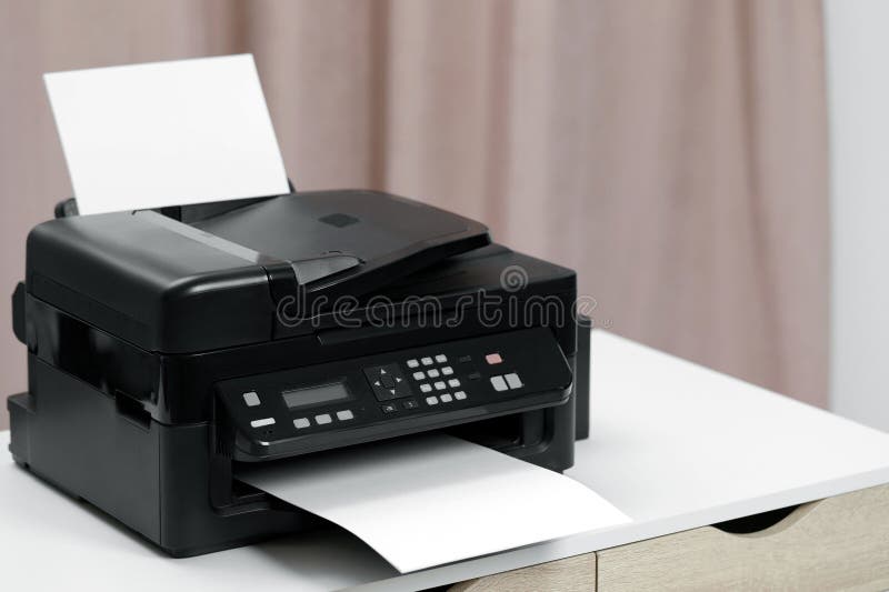 Modern Printer with Paper on White Table Indoors Stock Photo - Image of ...