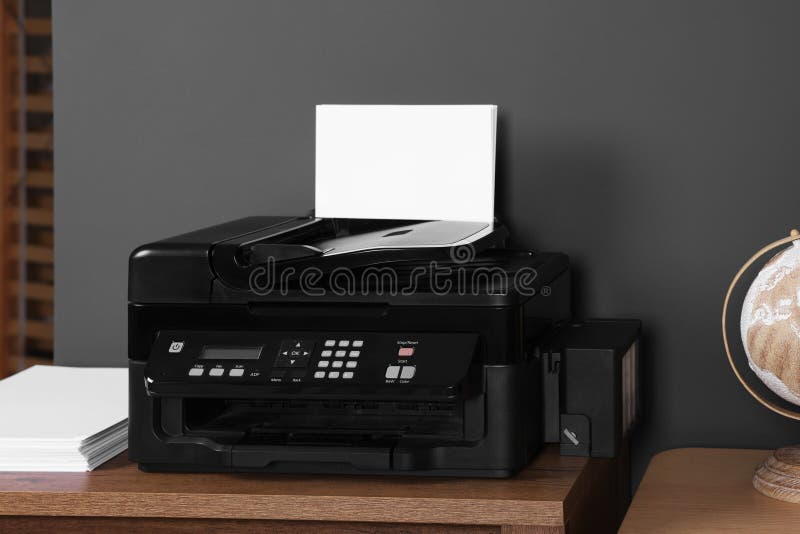 Modern Printer with Paper on Wooden Desk at Home Stock Photo - Image of ...