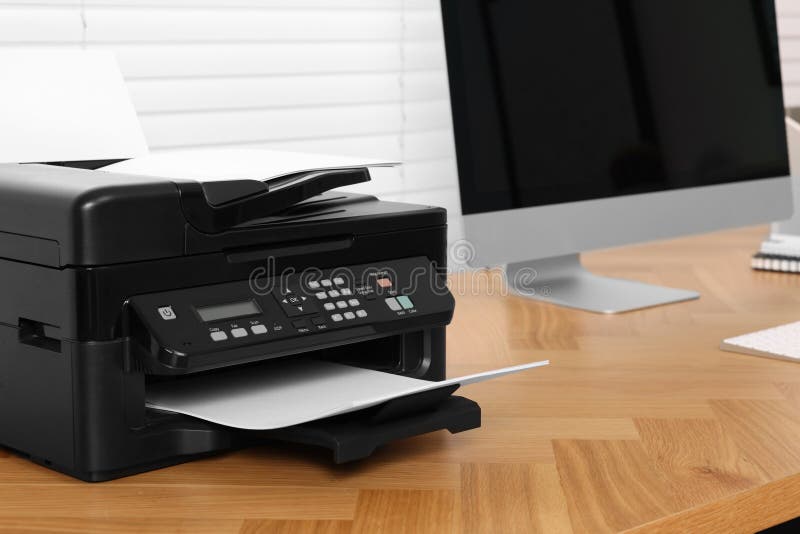 Modern Printer with Paper on Wooden Desk Indoors. Space for Text Stock ...