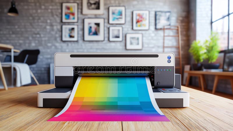 Modern Printer is Printing a Test Sheet with a Colorful Pattern on a ...