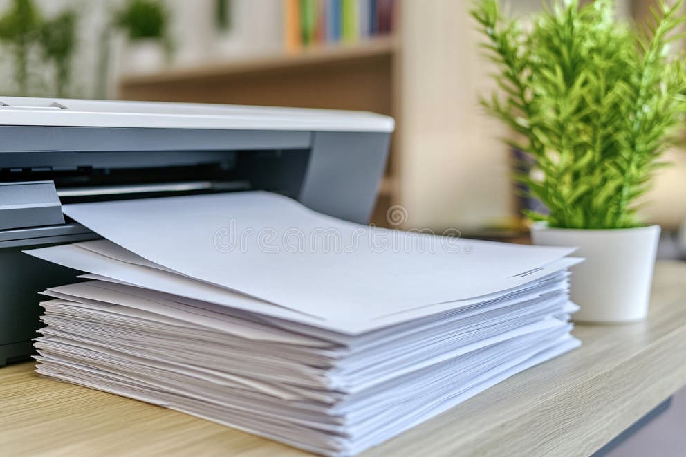 Modern Printer and Stack of Paper on the Table in Office Stock ...
