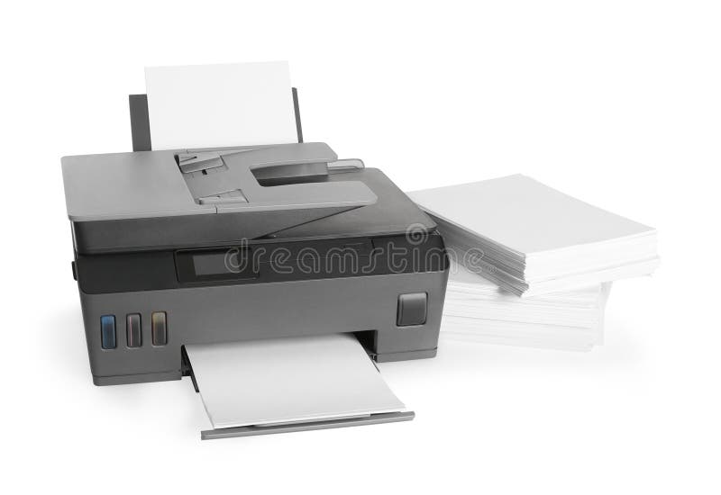 Modern Printer and Stack of Paper on White Background Stock Photo ...