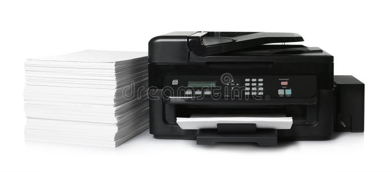 Modern Printer and Stack of Paper on White Background Stock Image ...