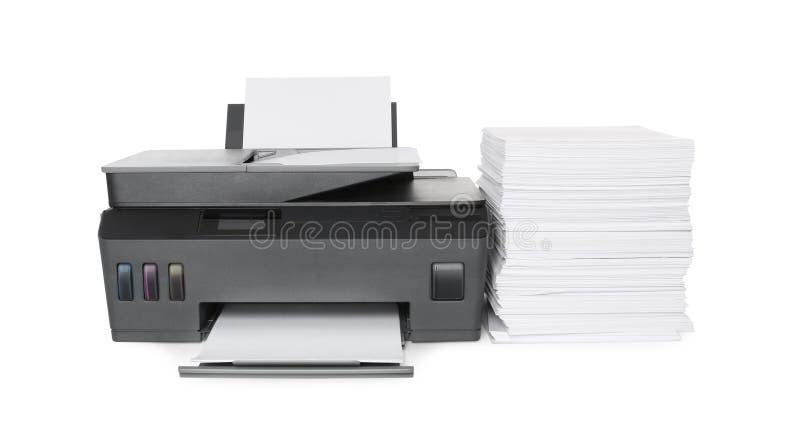 Modern Printer and Stack of Paper on White Background Stock Photo ...