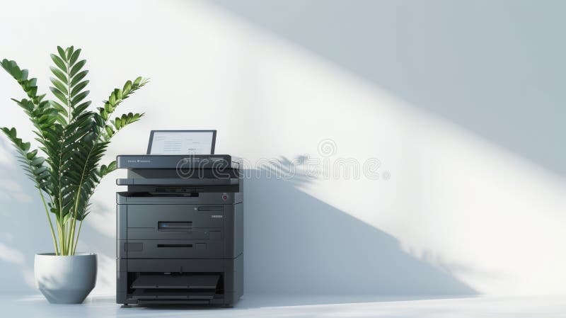 Modern Printer with Touchscreen Interface beside Indoor Plant Casting Shadows on a White Wall ...