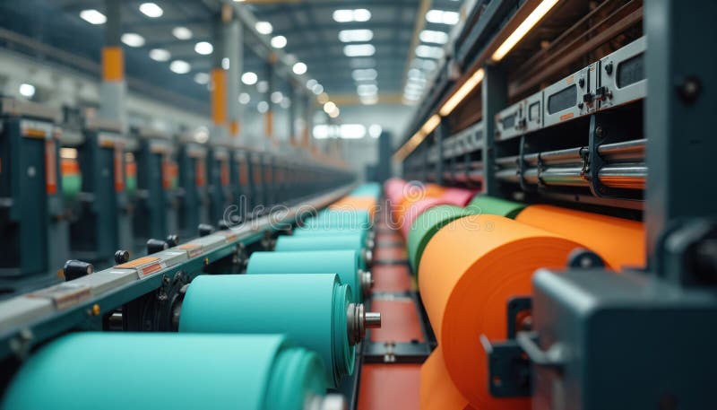 Modern Printing Facility with Large Printing Press Machine and Colorful ...