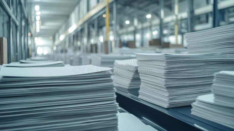Modern Printing Facility with Stacks of Paper on Conveyor Belt Stock ...