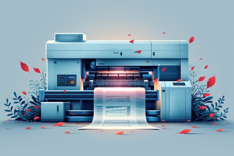 Modern Printing Press with Paper Roll, Leaves and Light Stock ...
