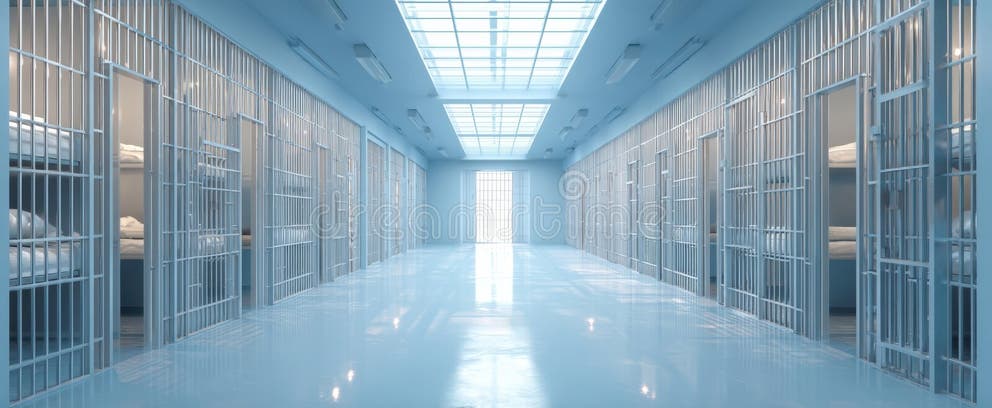 The Modern Prison Hallway with Empty Cells and Bright Lighting. AI ...