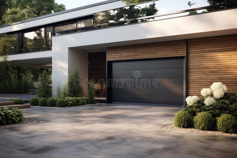 Modern Private Garage with Automatic Door Stock Photo - Image of space ...