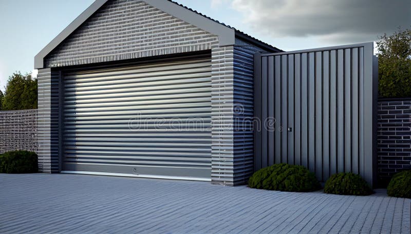 Modern Private Garage. Garage Gate with Automatic Roller System Stock ...