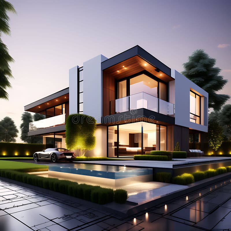 Modern Private House: 3D Rendering on Architectural Technical Drawin ...
