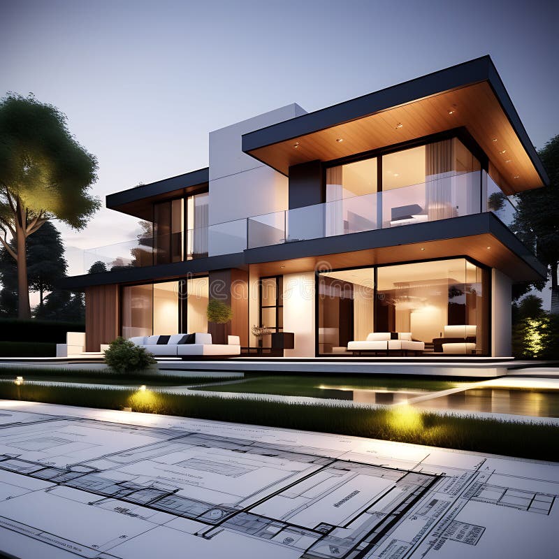 Modern Private House: 3D Rendering on Architectural Technical Drawin ...