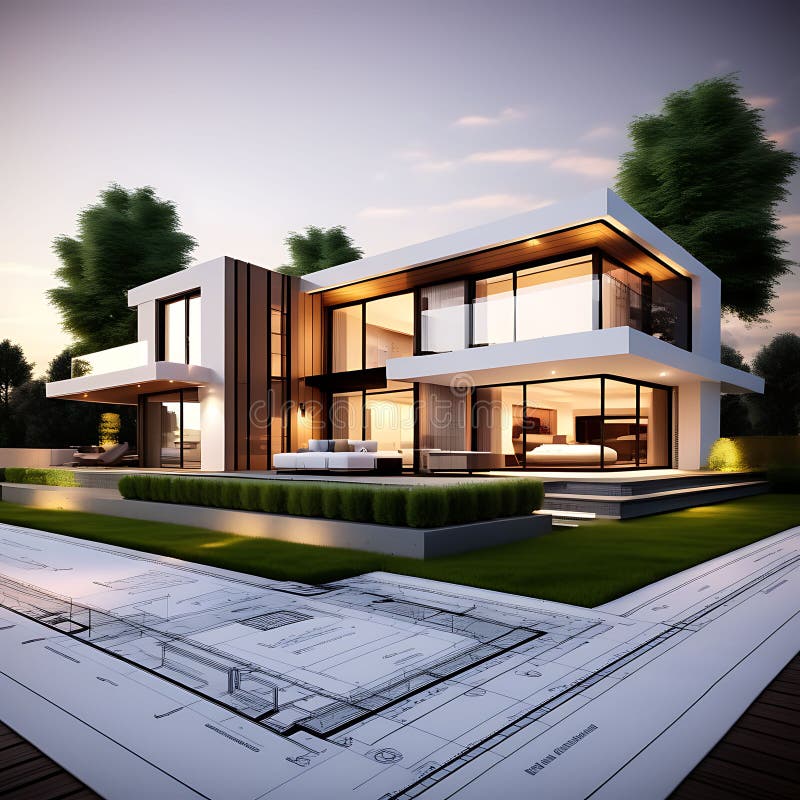 Modern Private House: 3D Rendering on Architectural Technical Drawin ...