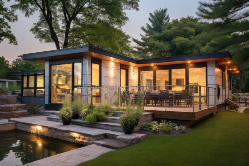 Modern Private House with a Terrace in the Forest Stock Illustration ...